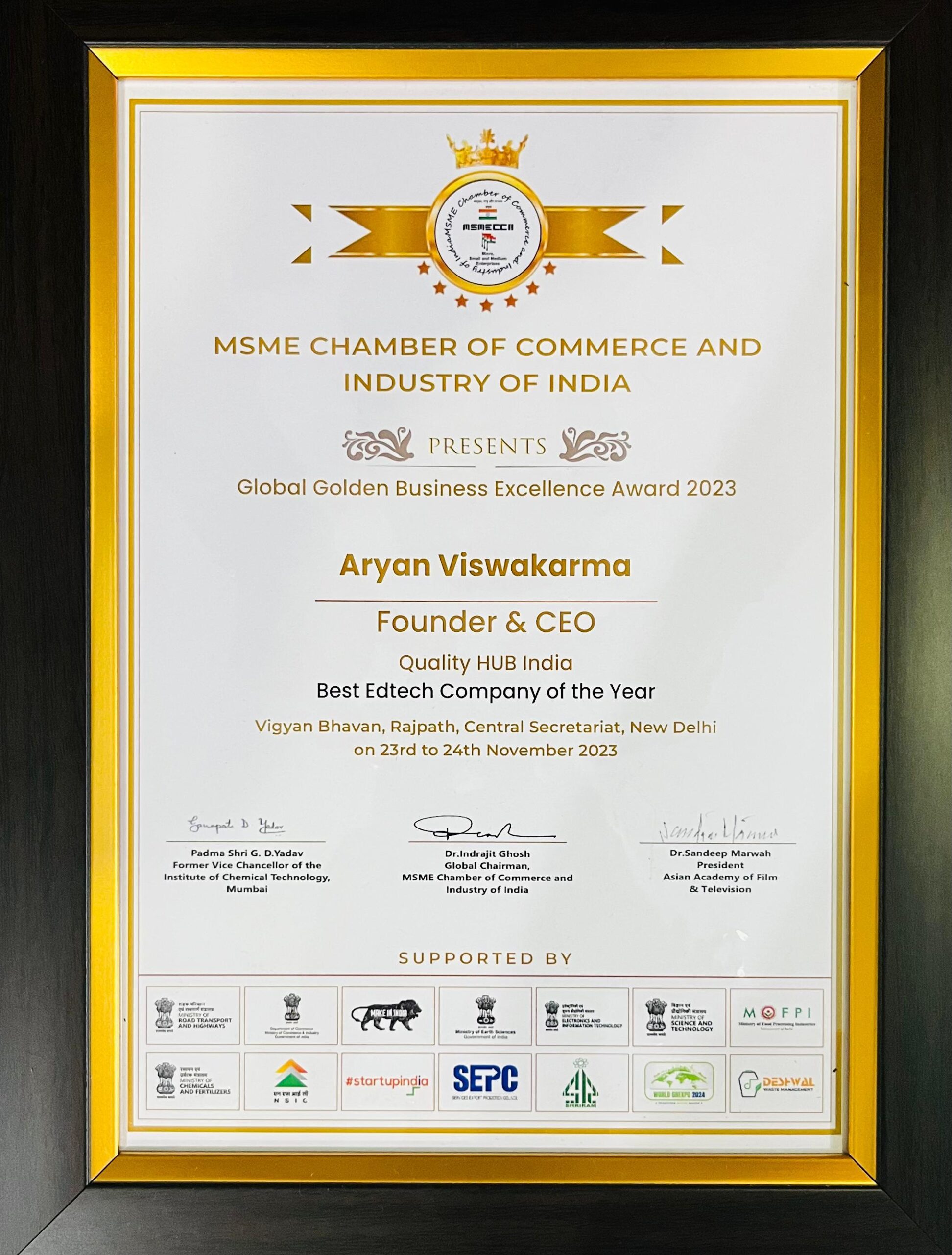 Quality HUB India Honored as 'Best Edtech Company of the Year' by MSME Chamber of Commerce and ...