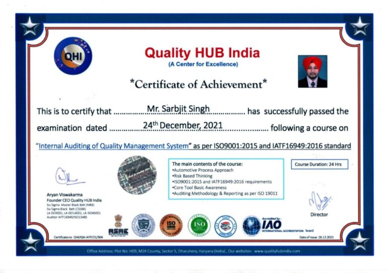 Sample Certificate - Quality Hub India